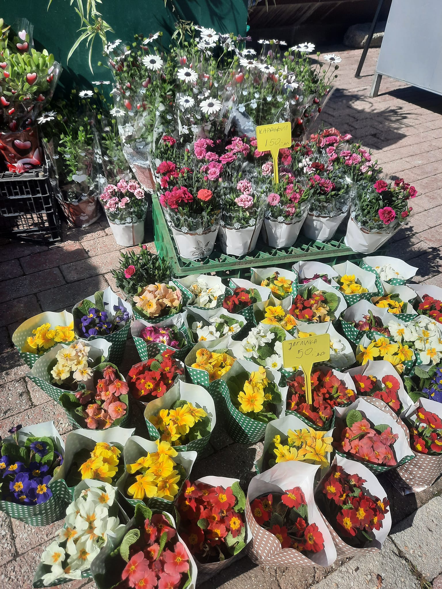 Поставени тезги за продажба на цвеќе и цветни аранжмани на плоштадот ...